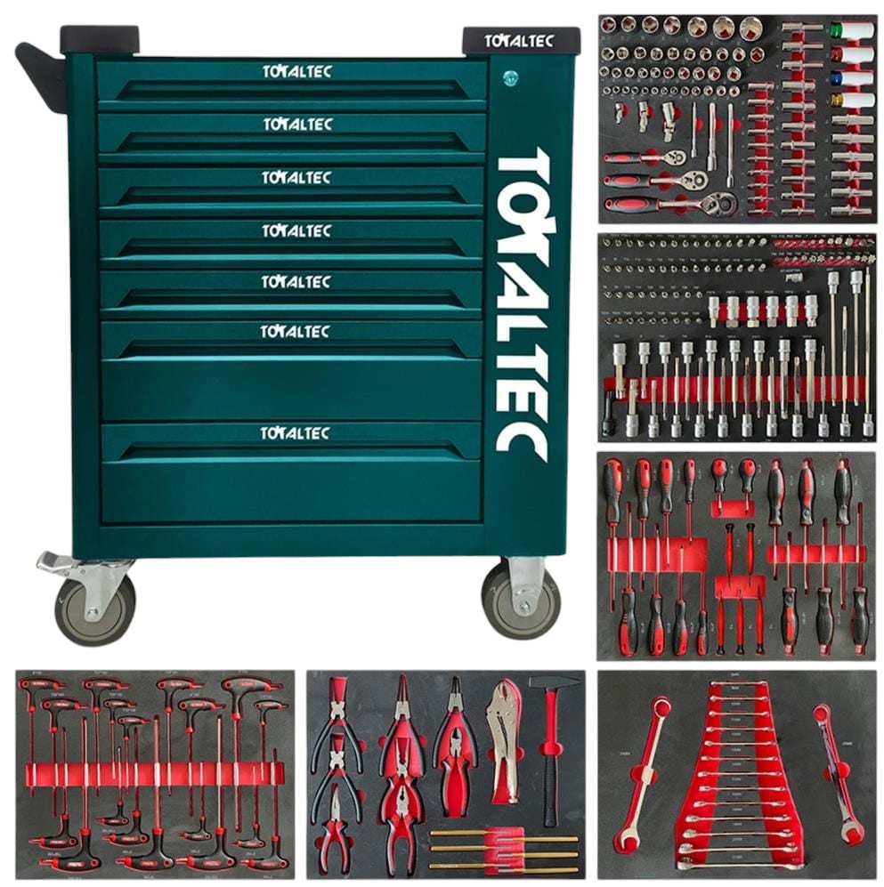 ארון כלים מאובזר על גלגלים (עגלת מוסך) 7 מגירות + ארון צד + 258 כלים - Agrooz